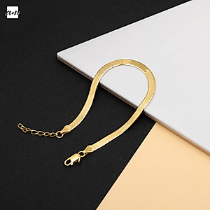 Amberta Women 925 Sterling Silver Flat Snake Bracelet: 4.5 mm Gold Plated Herringbone Bracelet 8 inch
