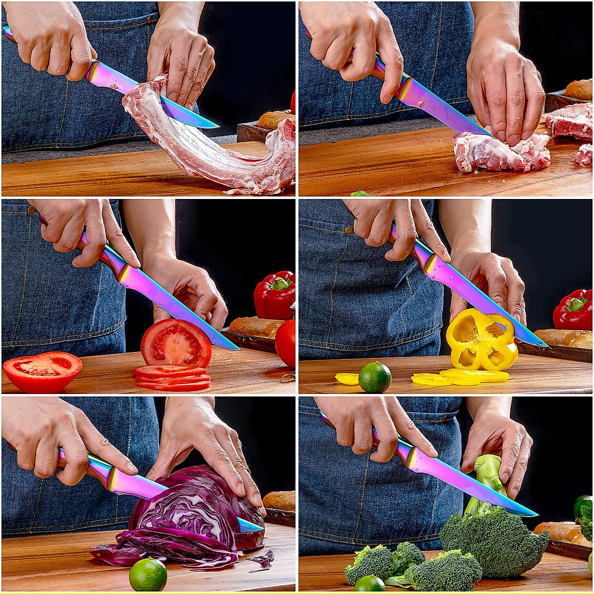 WELLSTAR Boning Knife 6 Inch, Razor Sharp German Steel Fillet Knife for Trimming Brisket/Rib/Steak/Meat, Deboning Chicken, Processing Fish/Game Meat, Rainbow Titanium Coating, Strong Durable Handle