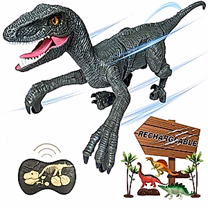 MAMABOO Remote Control Dinosaur Toys for Boys Kids Girls 3 4 5 6 7 8 Years Old Electronic RC Robot Toy LED Lightup Walking Roaring Velociraptor Jurassic Dino Rechargeable Raptor Blue Birthday Gifts