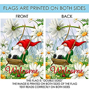 Toland Home Garden 1112626 Welcome Swing Gnome Spring Flag 12x18 Inch Double Sided Spring Garden Flag for Outdoor House Daisy Flag Yard Decoration