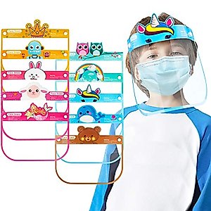 10PCS Kids' PET Reusable Clear Protective Safety Face Shields Assorted Designs for Boys & Girls, Lightweight High Transparency Wrap-Around Splash Cover Anti-Fog Visor Comfortable Fit Elastic Headband
