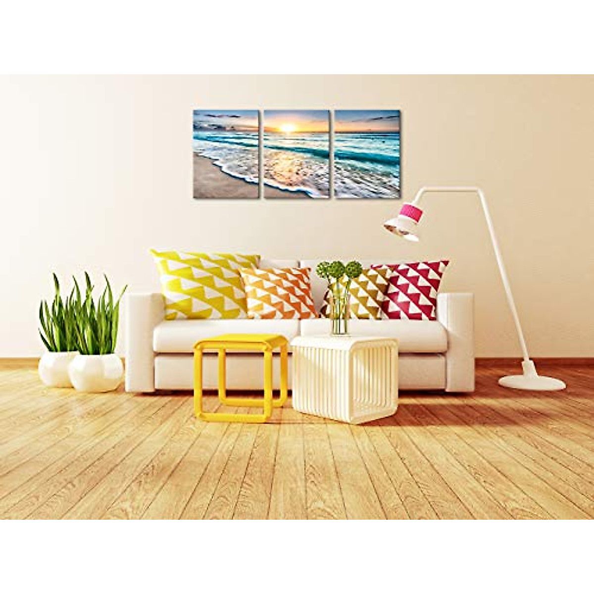 Wieco Art 3 Panel Blue Beach Canvas Wall Art for Home Decor Sunset White Wave Beach Pictures on Canvas Sea View Canvas Prints Artwork for Wall Decor Living Room Decorations