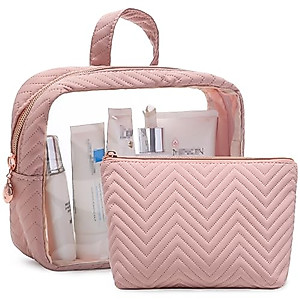 Bunnychill TSA Approved Toiletry Bag With Handle Strap,2 Pack PVC Clear Cosmetic Bags for Women Men, Carry on Airport Airline Compliant Bag,waterproof Transparent Makeup Travel Bags(S+M-Pink)