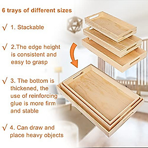 6 Pcs Wooden Serving Trays - Unfinished Reinforced Wooden Decorative Trays with Handles, DIY Crafts Differdent Food Tray Set for Breakfast, Dinner, Tea ,Coffee Table, BBQ, Party(12"x6" to 16"x10")