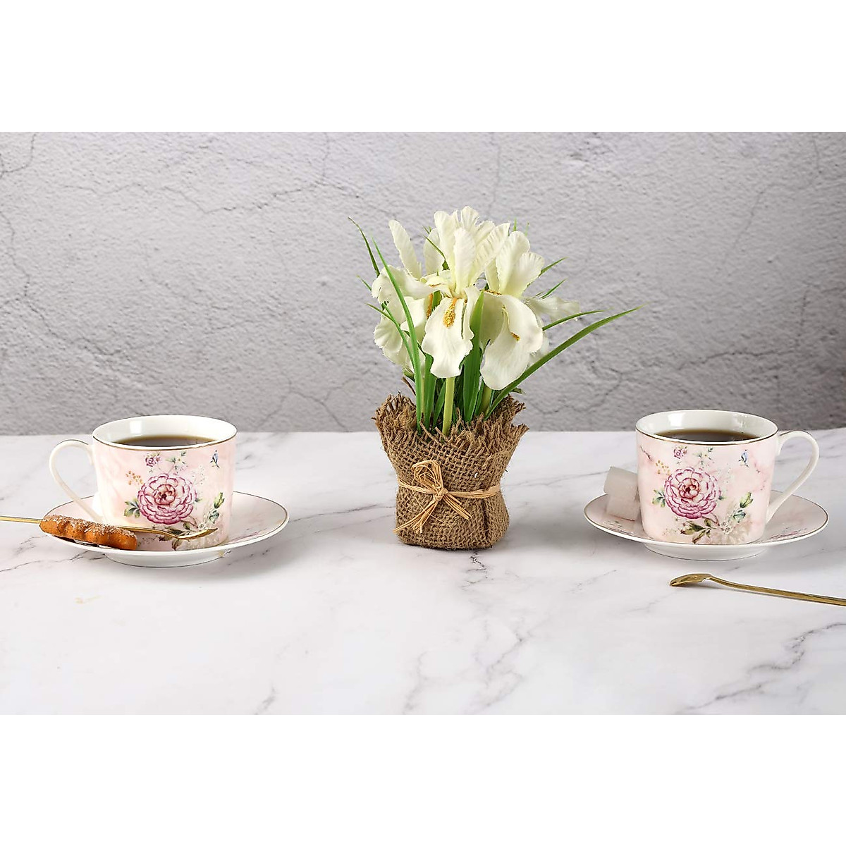GuangYang Porcelain Tea Cups and Saucers,7 Ounce,Set of 2,Peony Flower Design Coffee Cup with Saucer,220ml Vintage Teacup (Total 4 pieces)