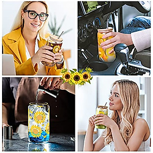 Lvoetgif Sunflower Gifts for Women, Iced Coffee Glass with Bamboo Lids and Straw, Beer Can Shaped Drinking Glass Cup, Inspirational Birthday Sunshine Christmas Gifts for Mom, Best Friend, Wife