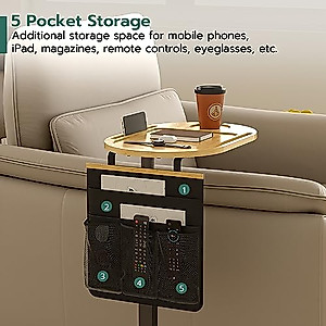 Yumkfoi Couch Side Table with Adjustable Heights, Bamboo Sofa Tray Table with Storage Pocket, Liftable Couch Arm Tray Table C Table End Table TV Tray Snack Table for Living Room, Bedroom