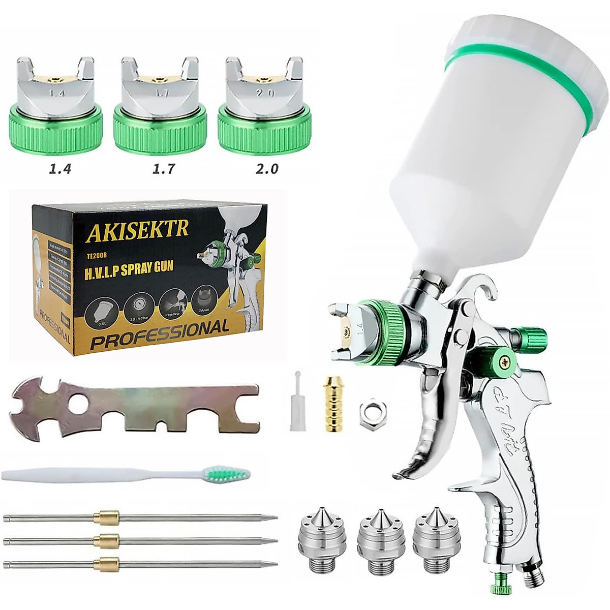 HVLP Spray Gun Set, Automotive Paint Spray Paint Gun with 3 Nozzles 1.4/1.7/2mm Nozzle and 600cc Cups, for Car Primer, Furniture Surface Spraying, Wall Painting, Base Coatings (Green)