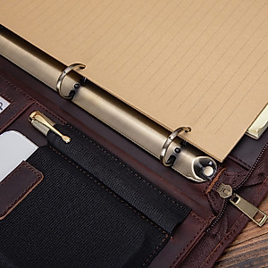 Geslun Genuine Leather Portfolio with 3 Ring Binder, Full Grain Leather Padfolio Zippered, A4 Notebook Holder Laptop Sleeve Professional Folder Organizer Gift for Men and Women, Dark Brown