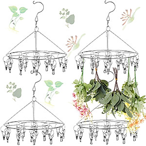 4 Pcs Hanging Drying Rack for Herb Macrame Flower Drying Rack with Stainless Clip Herb Dryer Hooks for Drying Herb Air Plants Spices Flowers Hydroponic Plants Ready to Use with Ceiling Hook (Round)
