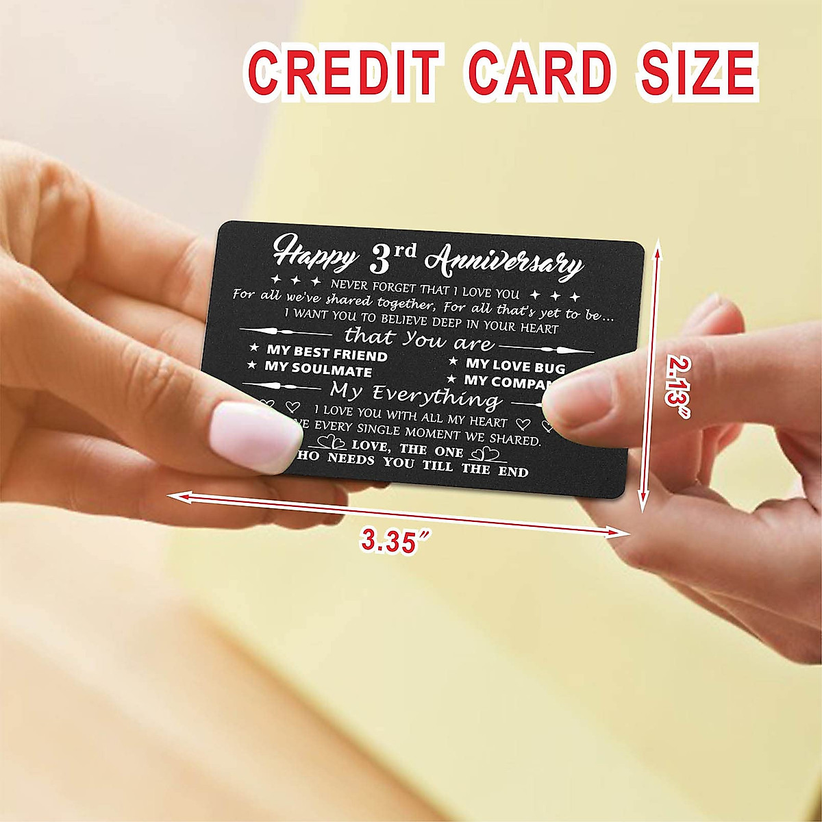 Mataly Happy 3rd Anniversary Card Gifts for Him Her - Never Forget That I Love You - 3 Year Anniversary Engraved Gifts for Husband Wife, Metal Wallet Card