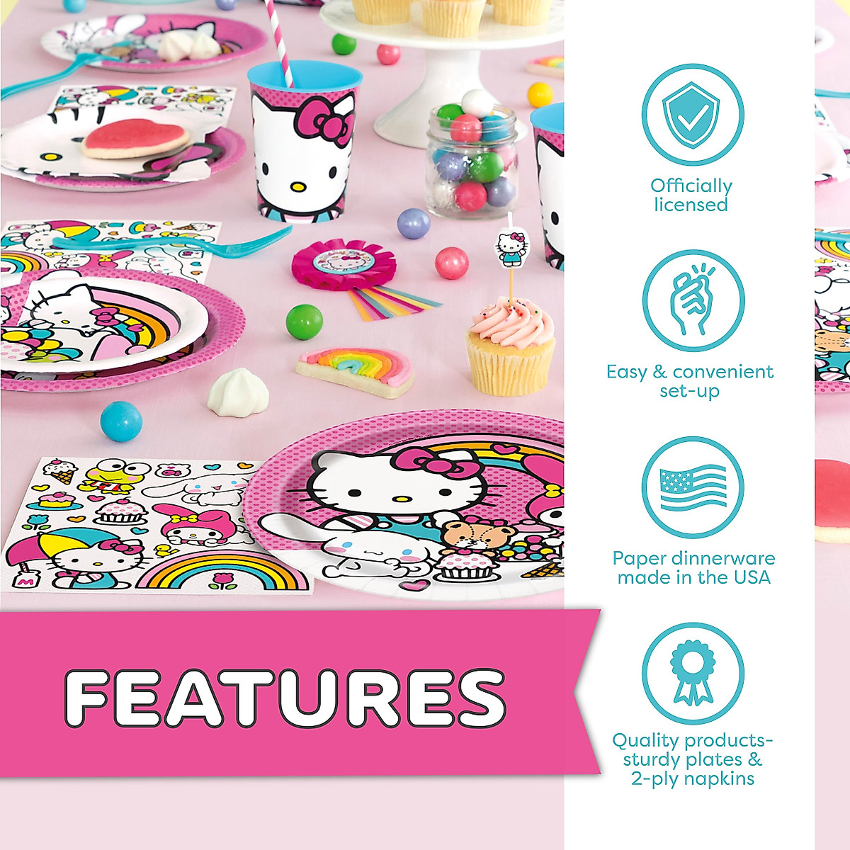 Hello Kitty Birthday Decorations & Party Supplies | Hello Kitty Plates, Cups, Napkins, Tablecloth, Forks, Sticker | Serves 16 Guests | Officially Licensed