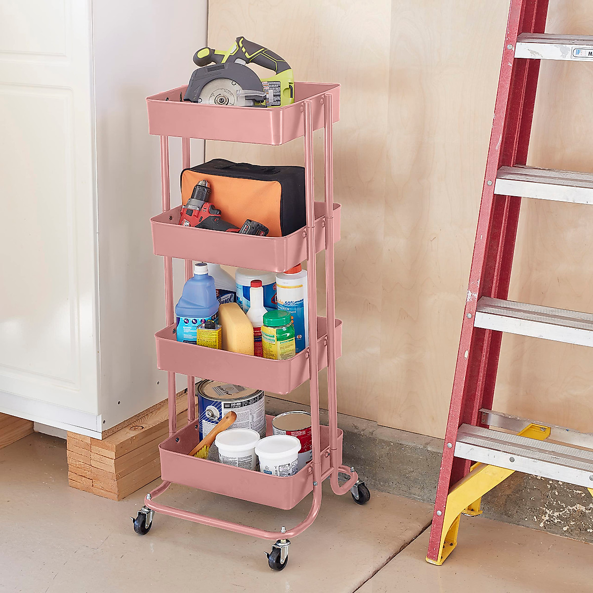 ECR4Kids 4-Tier Metal Rolling Utility Cart, Multipurpose Storage, Pink