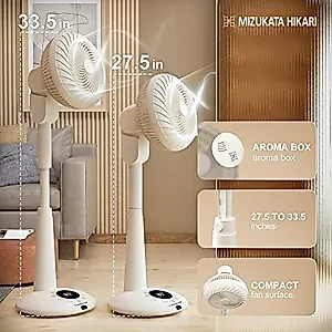 MIZUKATA HIKARI Versatile Air Circulator Floor Standing Fan with Remote, 2022 Nature Breath Portable Pedestal Fan, 12 Speeds, Night Light, Aroma Box, for Indoor, Outdoor, White.