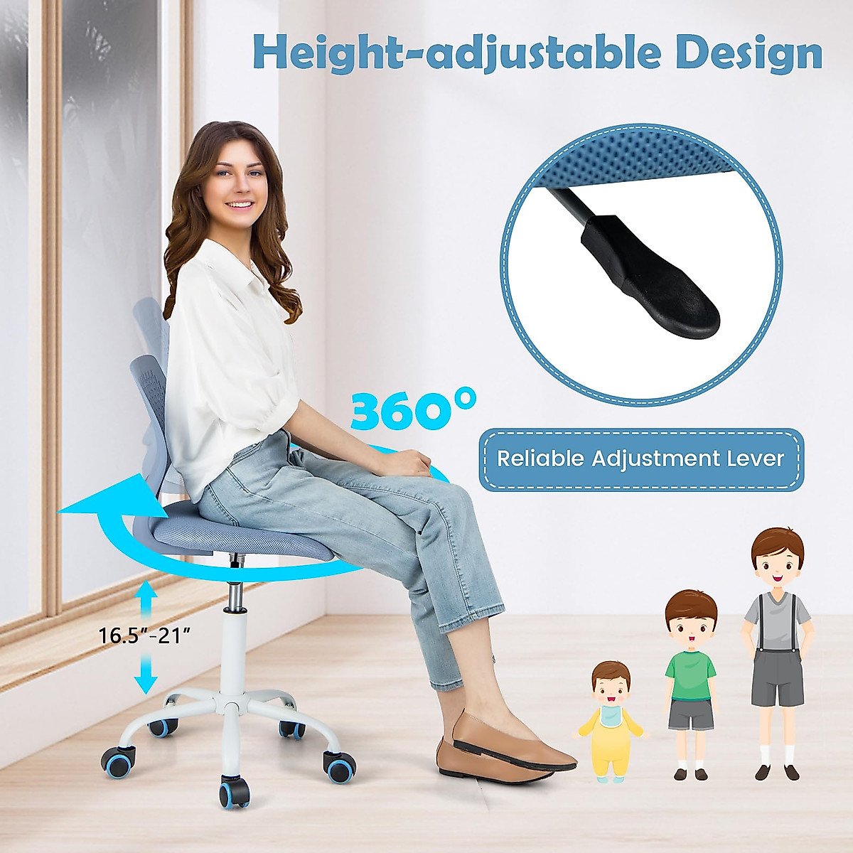 DORTALA Desk Chair for Teen, Kids Armless Swivel Small Cute Low-Back Mesh Office Chair Comfy with Adjustable Height, Lumbar Support, Ergonomic Computer Study Chair in Home Bedroom School, Blue