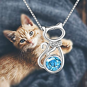 AOBOCO Cat Necklace for Cat Lovers 925 Sterling Silver March Birthstone Pendant Crystal Cat Jewelry Gifts for Women