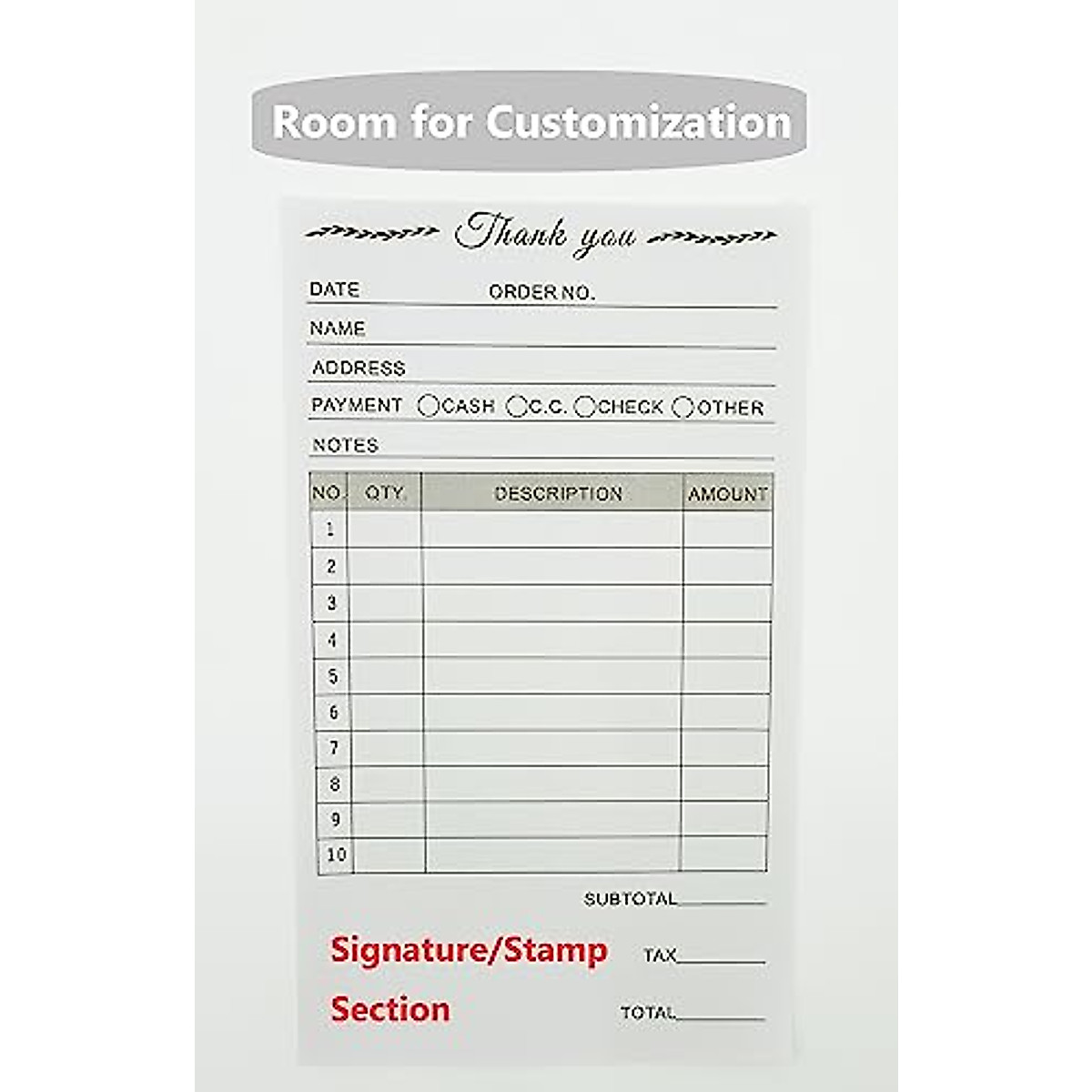 Thank You Receipt Book for Small Businesses 4x7 inches 2-Part Carbonless White Yellow 50 Sets 100 Sheets per Book with Wrap Around Cover Blank Signature Stamp Section (1 Black)