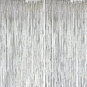 Dazzle Bright Backdrop Curtain, 3FT x 8FT Metallic Tinsel Foil Fringe Curtains Photo Booth Background for Baby Shower Party Birthday Wedding Engagement Bridal Shower (4, Silver)