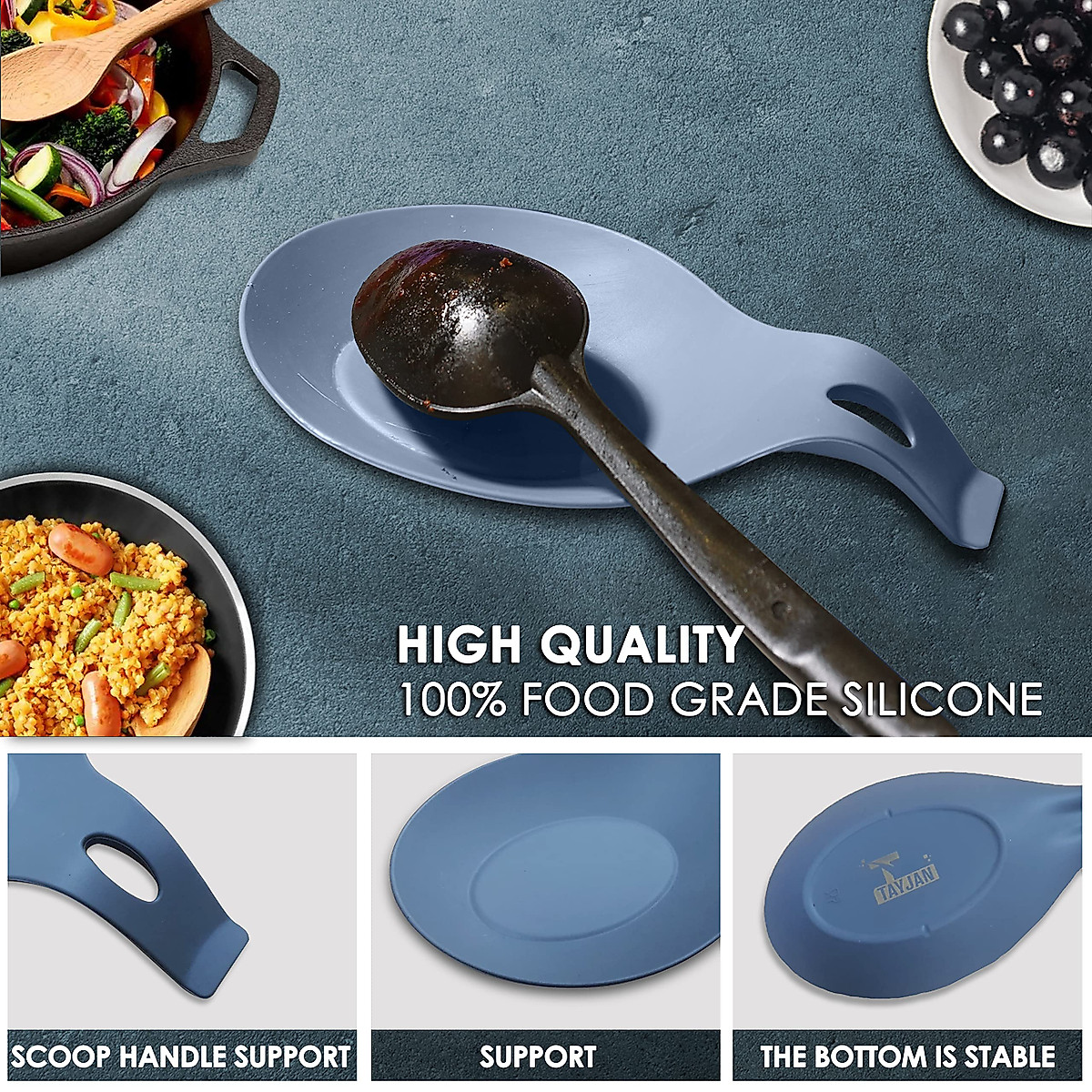 TAYJAN Silicone Spoon Rest for Kitchen Counter – Set of 2, Purple & Grey - Heat Resistant, BPA free Large Utensil Rest for Stove Top, for Cooking Spatula, BBQ Utensil, Smart Kitchen Gadgets 2022