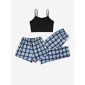 Milumia Women's 3 Pieces Pajamas Cami Top and Plaid Shorts & Pants Pj Sets Sleepwear