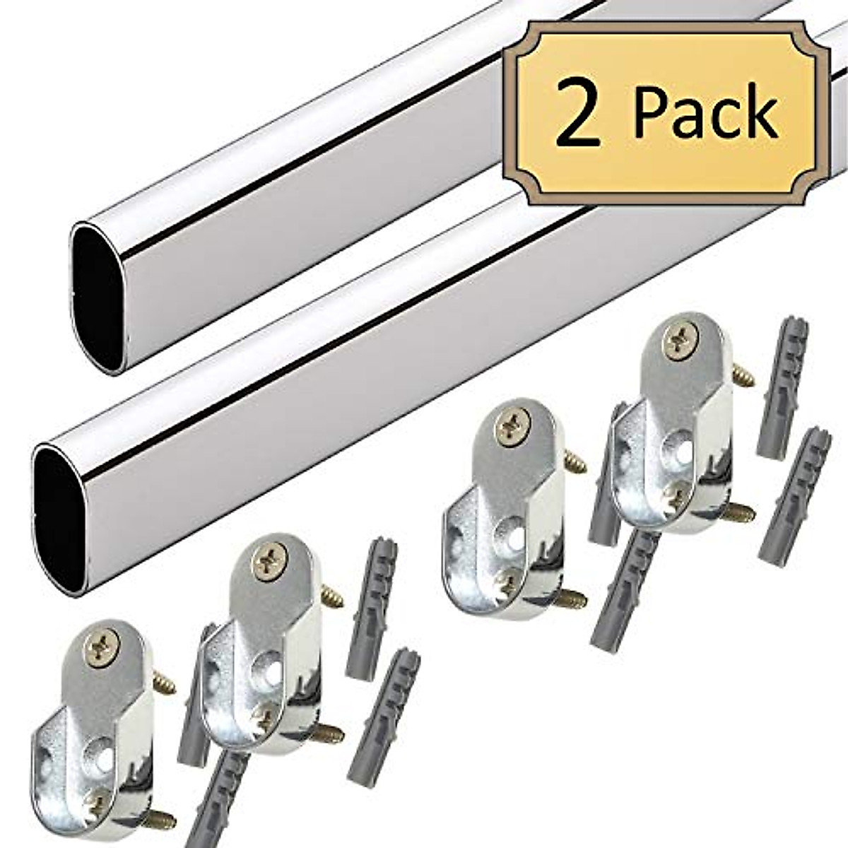 60" Oval Closet Rod with End Supports - Polished Chrome - 2 Sets