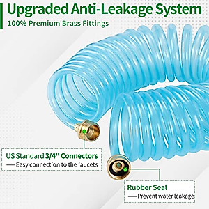 Yereen Coil Garden Hose 25FT, EVA Recoil Garden Hose, Transparent Self-coiling Water Hose with 3/4" Brass Connector Fittings with 10 Function Spray Nozzle, Blue