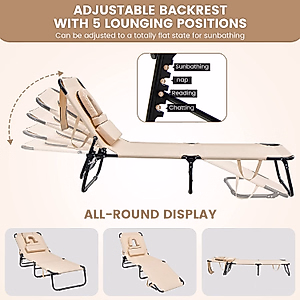 Giantex Chaise Folding Chair Adjustable Beach Patio Lounge Recliner, Beige