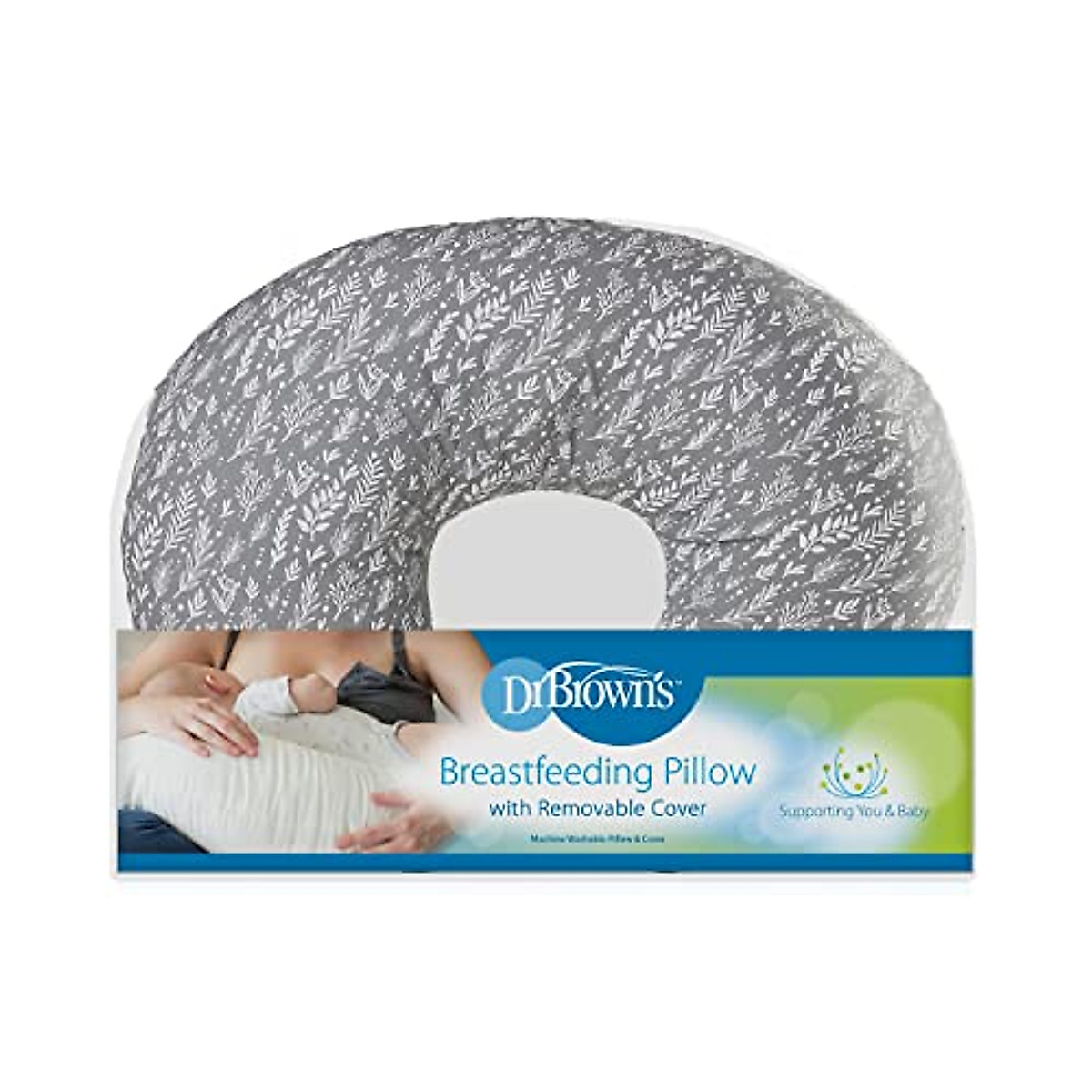 Dr. Brown's Breastfeeding Pillow with Removable Cover for Nursing Mothers, Machine Washable, Cotton Blend, Gray
