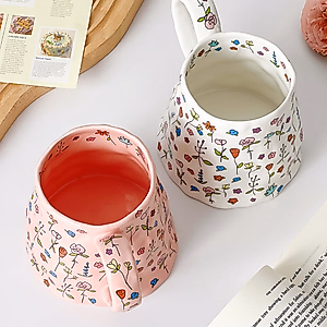 Large Ceramic Coffee Mug Cute Flower with Handmade Big Handle, 21.1oz/600ml Girly Pink Floral Tea Cup for Women Gift, Novelty Irregular Oversized Mugs for Latte Tea Milk Cocoa