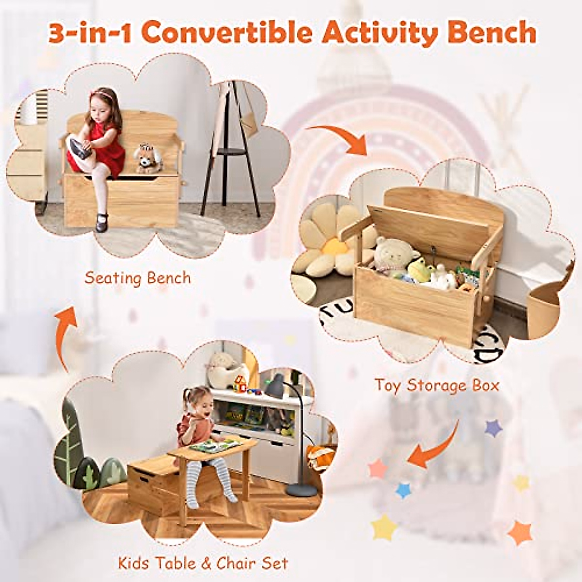 HONEY JOY Kids Table and Chair Set, 3-in-1 Convertible Wooden Toy Storage Bench with Handle, Toddler Furniture Set for Daycare Playroom, Gift for Boys Girls 3+ (Natural)