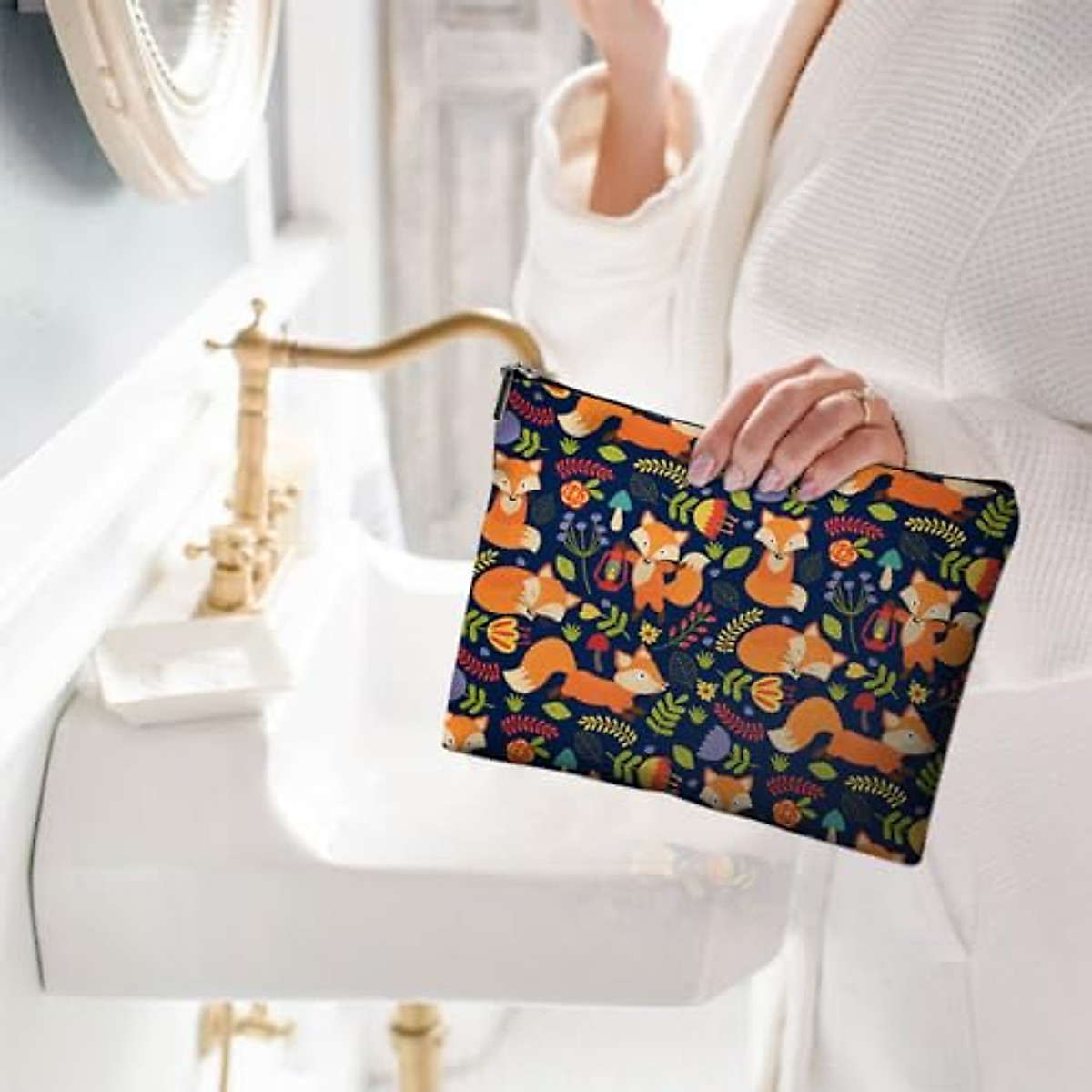 Givotin Small Makeup Bag for Purse Cute Canvas Waterproof Cosmetic Bags for Women Zipper Travel Toiletry Pouch-Fox Makeup Bags