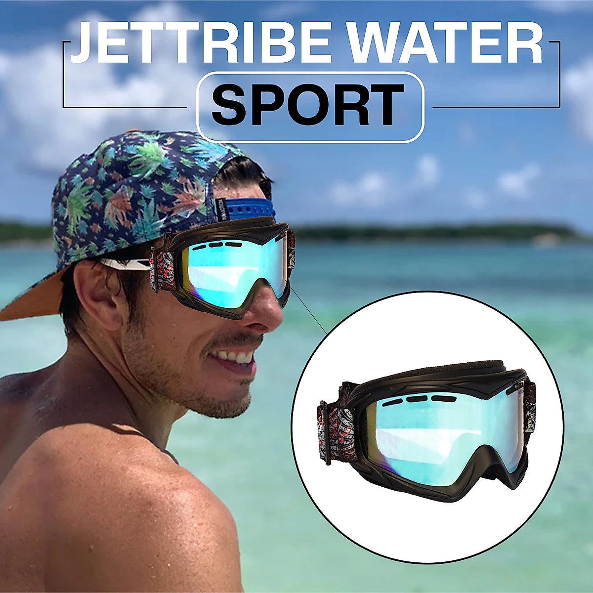 Jettribe Water Sport Helmet Goggles - Deep Set With Narrow Floating Frame - Ultimate Eyewear for Kite Boarding, Surfing, Kayaking, & PWC Racing Adventures - Including Revo Lens & Case - Matte Black