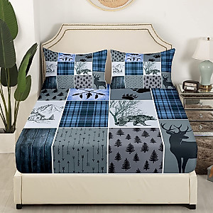 Rustic Farmhouse Sheet Set Twin, Retro Cabin Lodge Fitted Sheet Country Bear Deer Bed Sheets For Kids Teens Adult Men, Hunting Wild Animal Plaid Checkered Flat Sheet 3Pcs With 1 Pillow Case,Blue