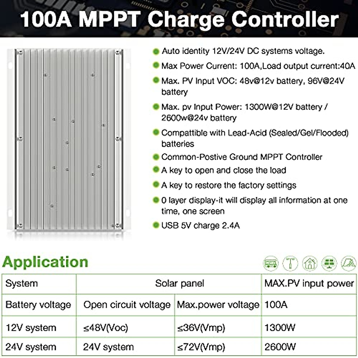 OOYCYOO MPPT Charge Controller 100 amp 12V/24V Auto, 100A Solar Panel Charge Regulator with Blacklight LCD Display Max 100V for Lead-Acid Sealed Gel AGM Flooded Lithium Batter