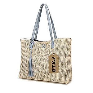 QTKJ Women Straw Summer Beach Bag Handwoven Big Tote Leather Shoulder Handbag with Tassel Decorate (Light Blue)