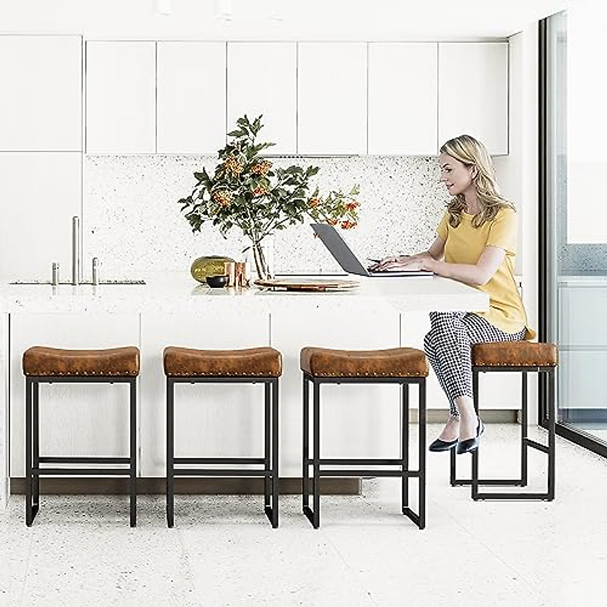 LUE BONA Counter Height Bar Stools 24" Square Saddle Barstools Set of 4, Modern Backless Faux Leather Counter Stool with Black Metal Legs for Kitchen Island Counter, Home Bar, Bistro, Yellowish Brown