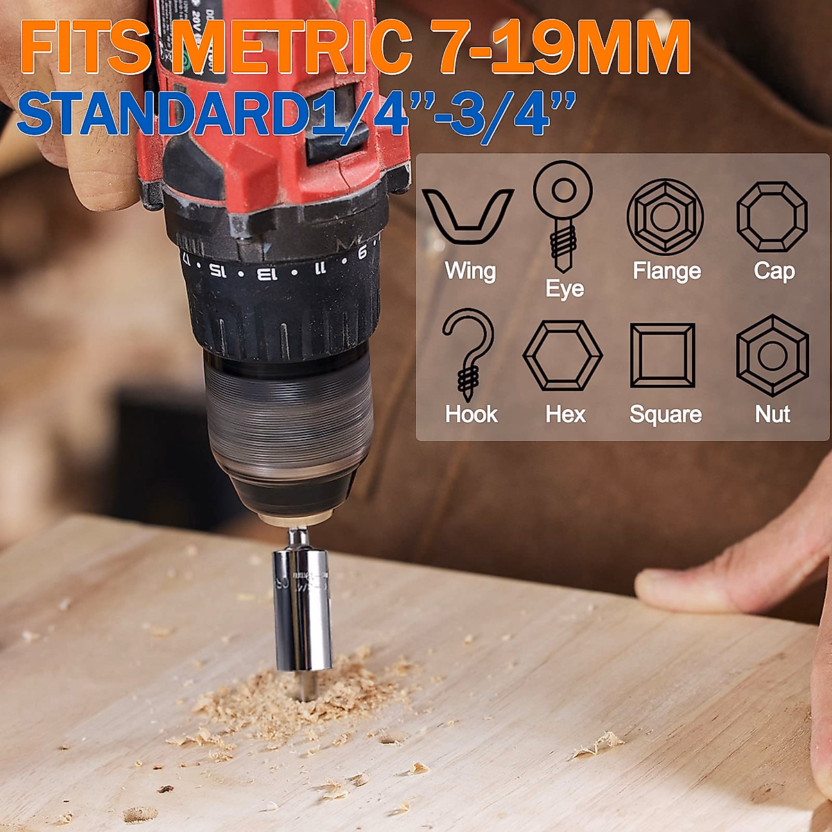 Mokoze Universal Socket Tool, Ratchet Wrench with 1/4"-3/4" (7mm-19mm) 105 Degree Right Angle Drill Attachment 4Pc Set for Daily Maintenance, Home Renovations Remodels