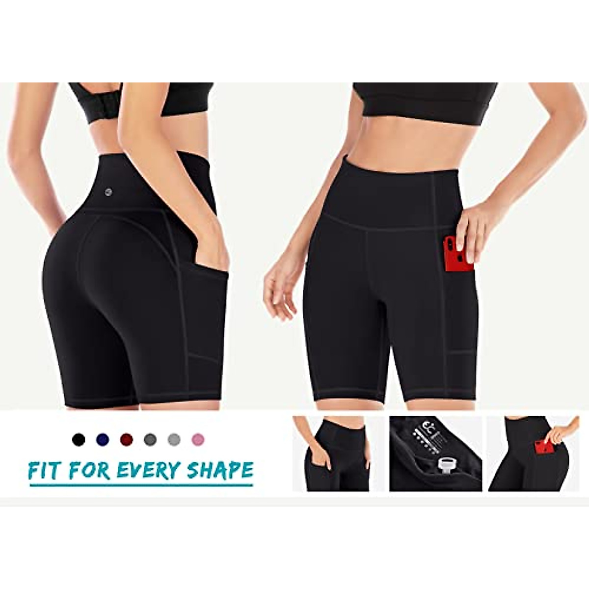 Ewedoos Biker Shorts Women Tummy Control Workout Shorts with 3 Pockets High Waisted Compression Gym Running Yoga Shorts Women Black