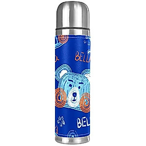 Stainless Steel Leather Vacuum Insulated Mug Bear Thermos Water Bottle for Hot and Cold Drinks Kids Adults 16 Oz