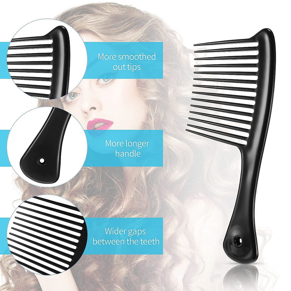 3 Pieces Wide Tooth Comb Jumbo Rake Comb, Detangler Salon Shampoo Comb for Long, Curly and 4c Hair (Black, Blue, Pink)