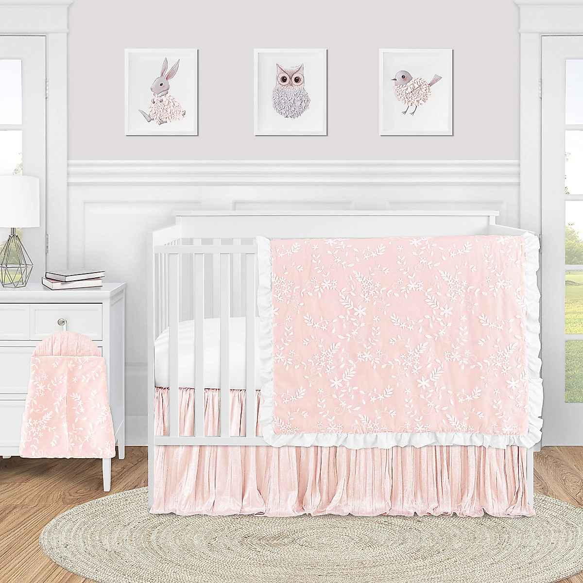 Sweet Jojo Designs Pink Floral Vintage Lace Baby Girl Nursery Crib Bedding Set - 4 pieces - Solid Light Blush Crinkle Crushed Velvet Luxurious Elegant Princess Boho Shabby Chic Luxury Flower Ruffle