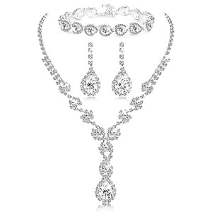 LOYALLOOK Women's Rhinestone Teardrop Necklace Bracelets and Dangle Earrings Jewerry Sets for Proms Weddings