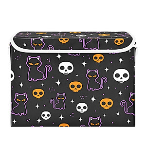 senya Halloween Storage Baskets Collapsible Storage Bins with Lids, Halloween Colored Skulls Black Cat Storage Boxes Clothes Baskets for Organizing, B06D22020