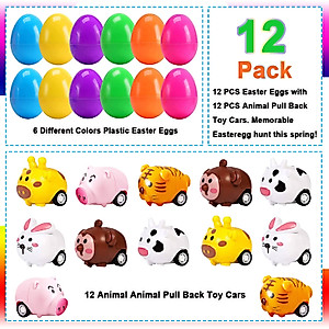 JIALWEN 12 Pack Easter Eggs Filled with Animal Pull Back Toy Cars, Easter Basket Stuffers Surprise Easter Gifts Hunt Theme Party Favors Classroom Prize Supplies