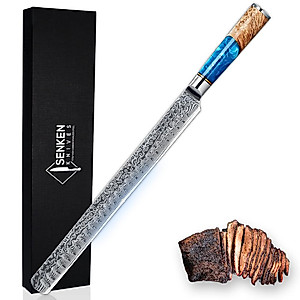 SENKEN 12" Damascus Steel Brisket Knife - Tsunami Collection - 67-Layer Japanese VG10 Steel with Blue Resin Burl Wood Handle - Ultra Sharp Carving Knife for Brisket, Meat, Roasts, and Large Fruit
