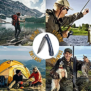 FXFSTEEL Damascus Pocket Knife, Handmade VG10 Damascus Steel Folding Knives with Liner Lock, Beef Bone Handle and Glass Breaker, EDC Damascus Knife for Men Women -Blue