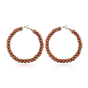Vintage Wooden Beaded Hoop Earrings Bohemian Wood Beads Round Circle Earring Handmade Colorful Beaded Dangle Earrings for Women Jewelry-brown