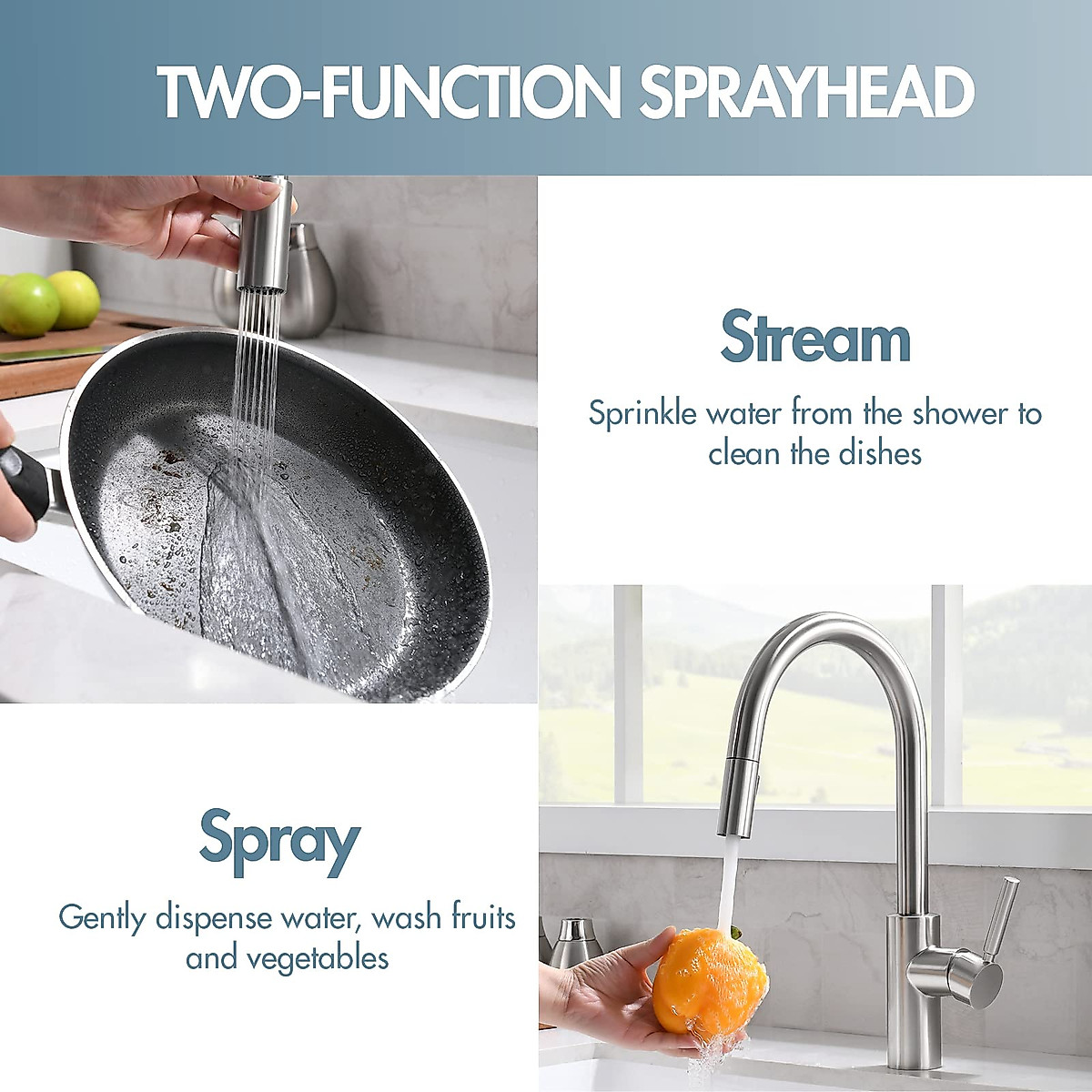 Kitchen Faucet with Pull Down Sprayer OUEN Brushed Nickel Modern Single Handle High Arc Pull Out Kitchen Sink Faucets with Deck Plate for Laundry RV Farmhouse, Brass Structure, 15.7" Height