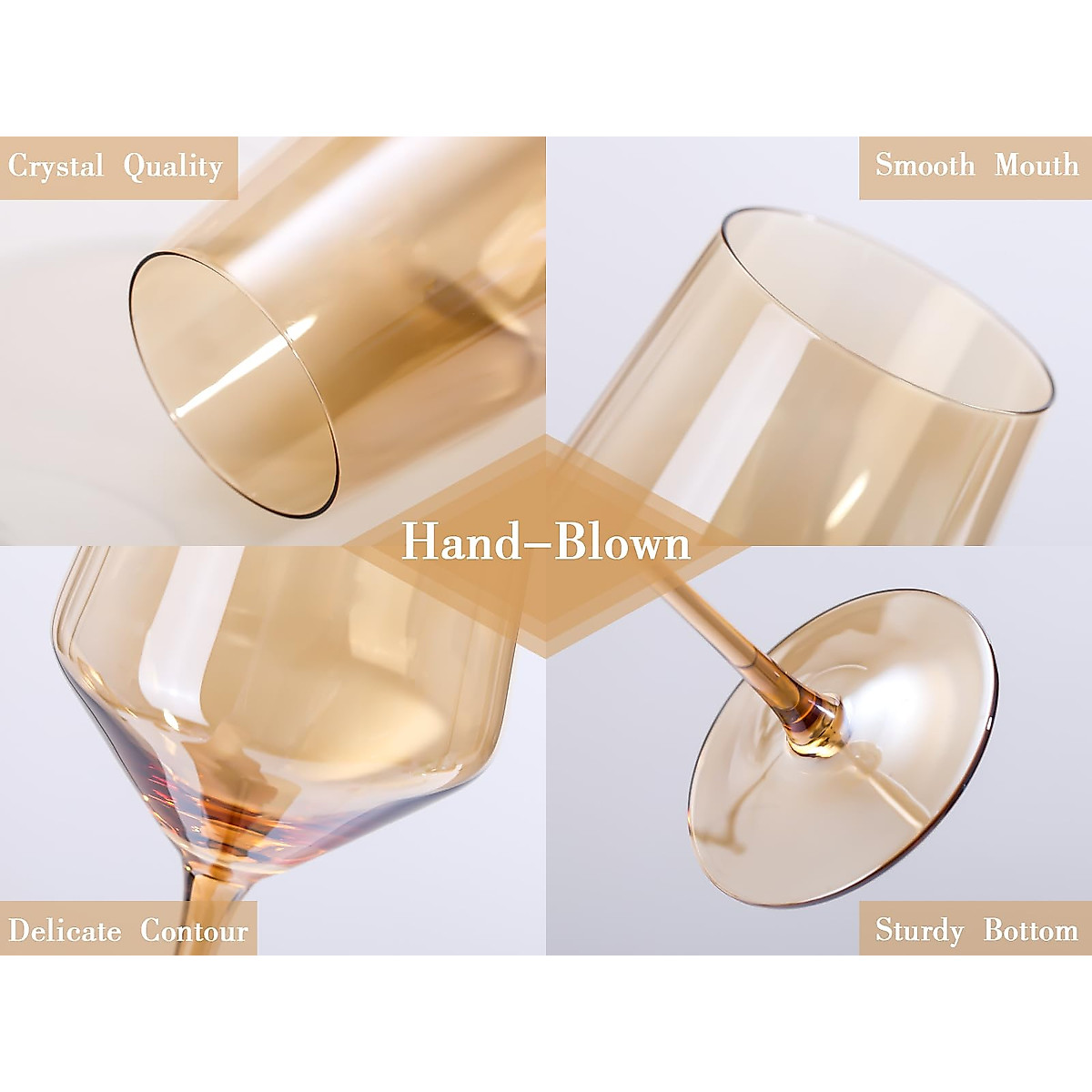 Amber Wine Glasses Set of 6-15oz Hand-Blown Long Stem Wine Glasses, Unique Wine Glasses Gift For Bar, Party