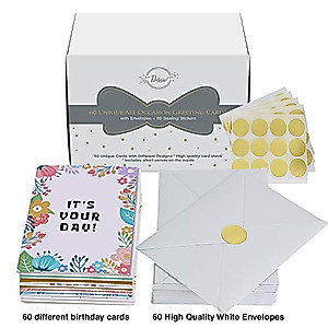 Dessie Unique Birthday Cards Assortment with Generic Birthday Greetings Inside. Suitable For Men, Women and Kids. Includes Envelopes and Gold Stickers, 60 Cards